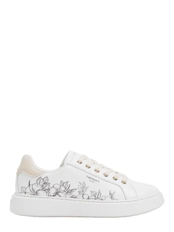 TWINSET Leather Sneakers With Floral Print And Lace-up Fastening - Grey