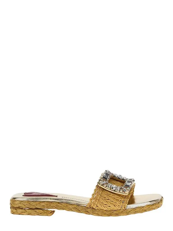 ROGER VIVIER Embellished Raffia Flat Sandals - Brown