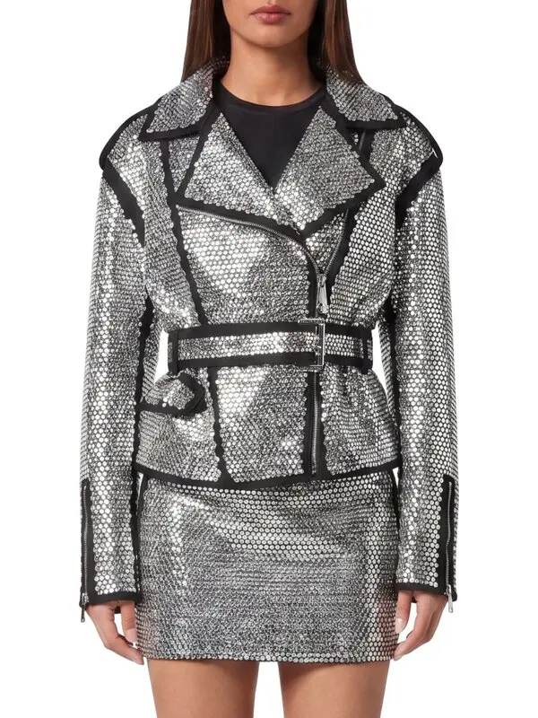Philipp Plein Embellished Biker Jacket With Peak Lapels - Silver