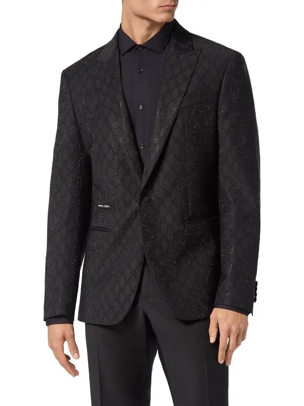 Philipp Plein Monogram Slim Fit Wool-blend Blazer With Hexagon Logo - Black