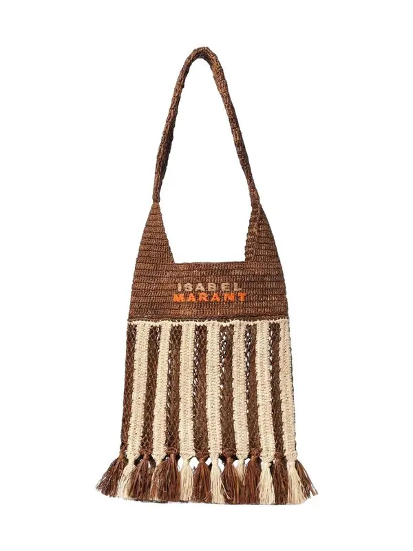 Isabel Marant Étoile Crochet Raffia Shoulder Bag With Striped Pattern And Embroidered Logo - Natural