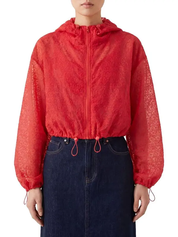 Cecilie Bahnsen Cropped Bomber Jacket With Hood And Floral Print - Red