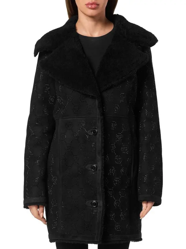 Philipp Plein Single-breasted Shearling Coat With Rhinestone Hexagon Logo - Black