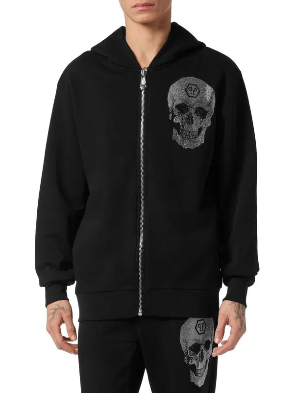 Philipp Plein Skull And Rhinestone Embellished Jersey Zip-up Hoodie - Black