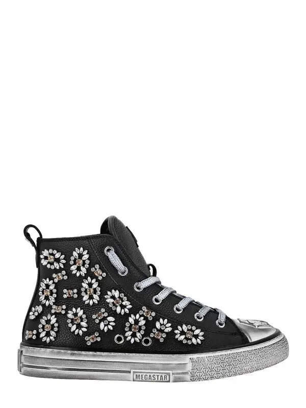 Philipp Plein Embellished Grained Leather High-top Sneakers - Black