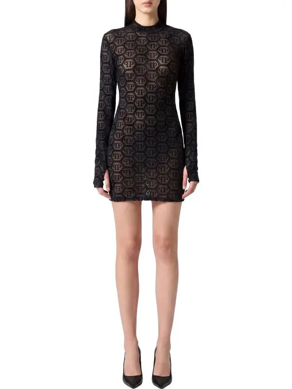 Philipp Plein Tulle Monogram Logo Pencil Mini Dress - Black