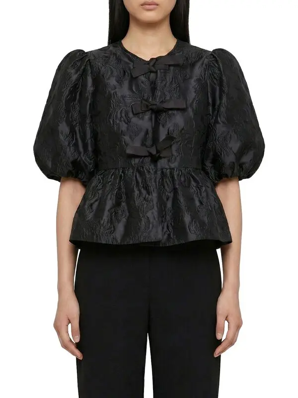 GANNI Jacquard Bow Detail Puff Sleeve Peplum Top - Black