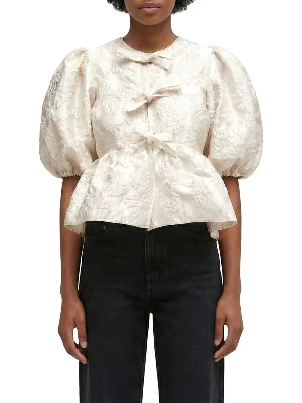 GANNI Jacquard Bow Detail Puff Sleeve Peplum Top - White