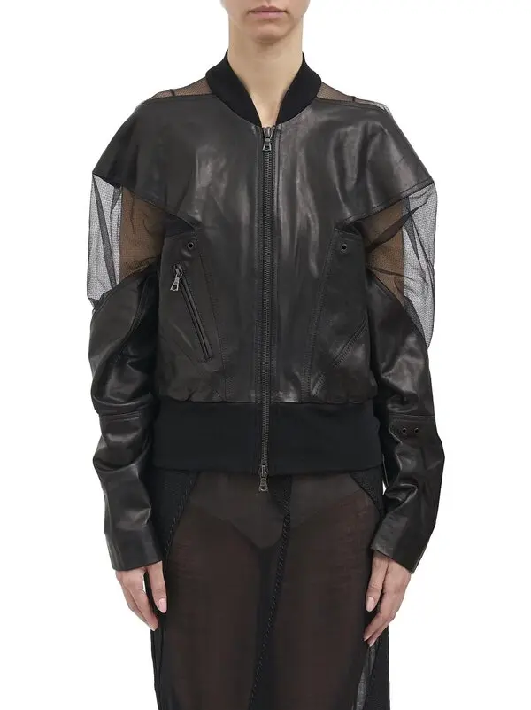 YEHUAFAN Leather And Tulle Bomber Jacket - Black
