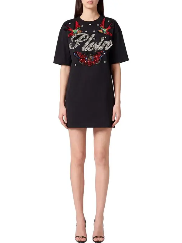 Philipp Plein Rhinestone Logo U-back Sheath Mini Dress - Black