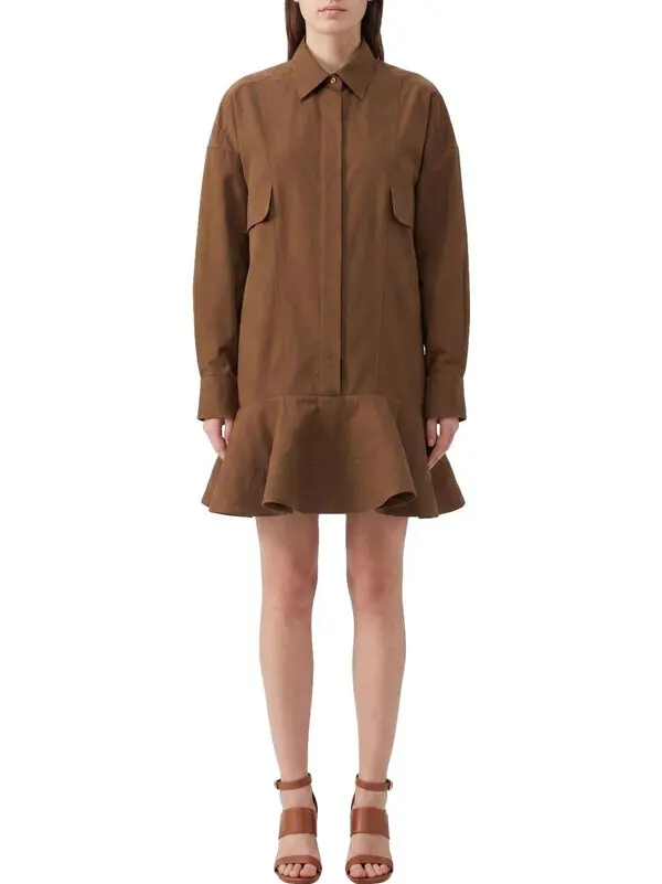Stella McCartney Cotton Mini Chemisier Dress With Long Sleeves And Ruffles - Brown