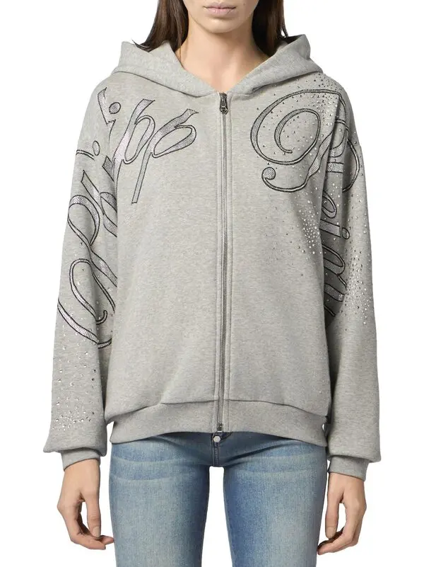 Philipp Plein Cotton Zip-up Hoodie With Rhinestone Embellished Logo - Grey