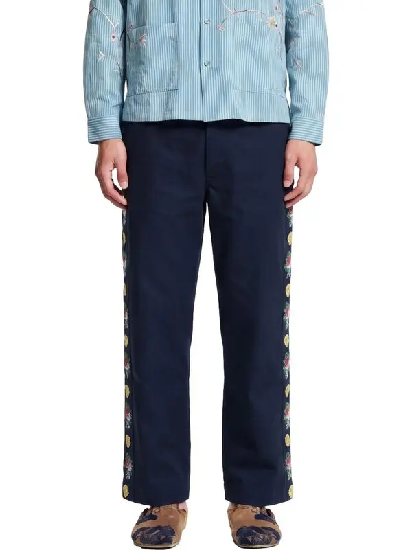 BAZISZT Basziszt Embroidered Wide-leg Cotton Trousers - Navy