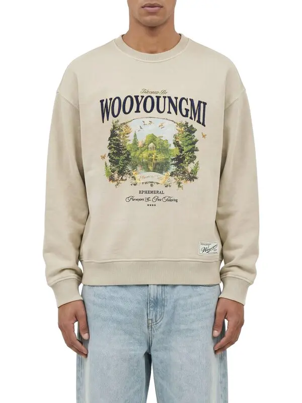 WOOYOUNGMI Graphic And Contrast Logo Cotton Crewneck Sweatshirt - Beige