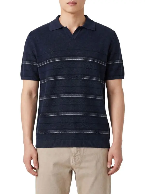 ROBERTO COLLINA Striped Linen Knit Polo Shirt - Blue