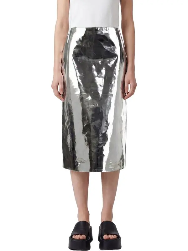 JIL SANDER High-waisted Laminated Leather Midi Pencil Skirt - Silver