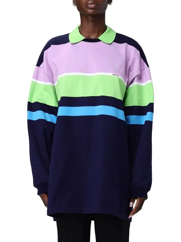 Versace Striped Cotton Long Sleeve Polo - Multicolor
