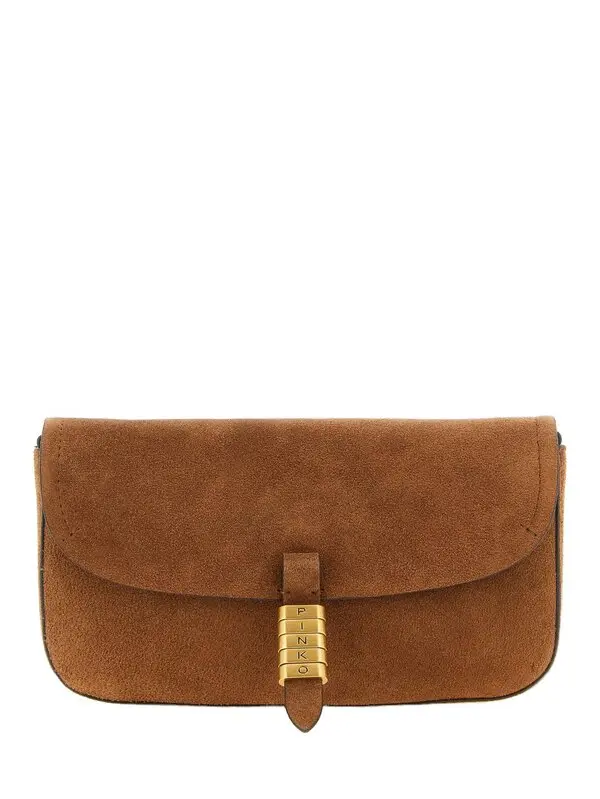 Pinko Saddle Flat Medium Suede Shoulder Bag - Beige