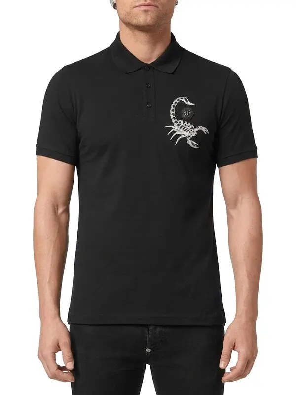 Philipp Plein Short-sleeved Cotton Polo Shirt With Contrasting Logo - Black