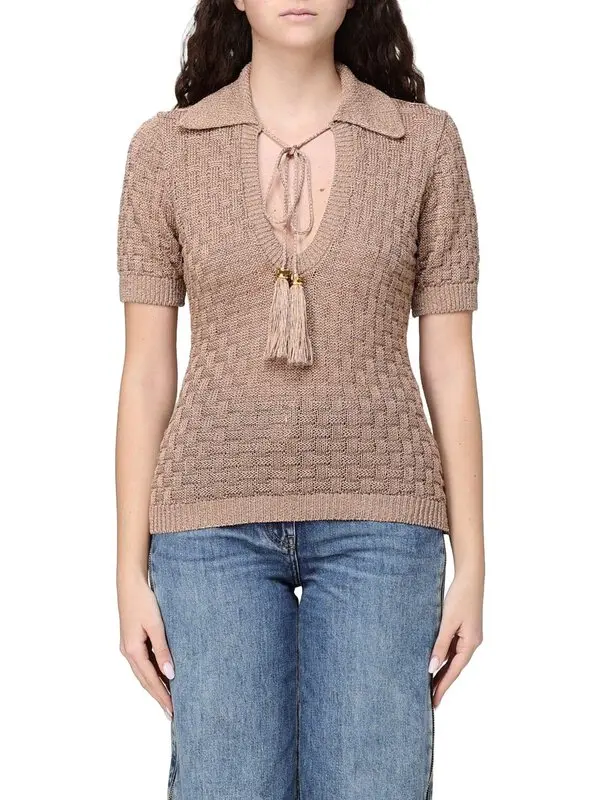 Elisabetta Franchi Viscose And Linen Knit Polo Shirt - Camel
