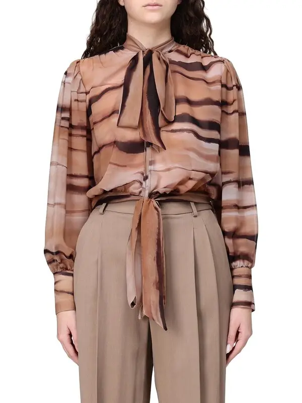 Elisabetta Franchi Chiffon Shirt With Abstract Print And Pussybow Collar - Camel