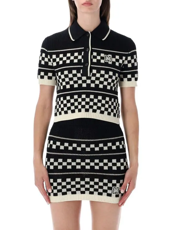 Amiri Check Wool Knit Short-sleeve Polo Shirt With French Collar - Black