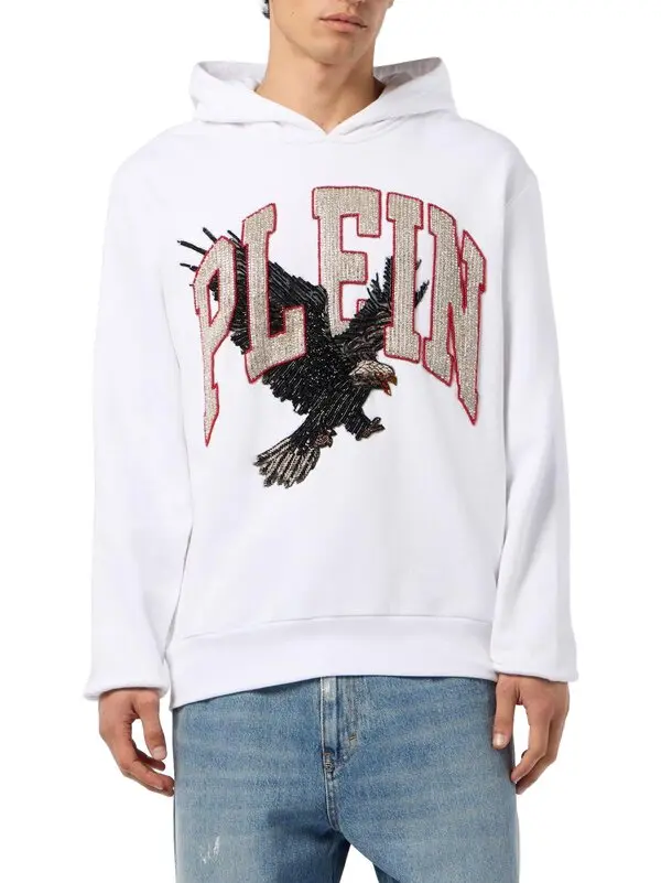 Philipp Plein Relaxed Fit Jersey Hoodie With Logo And Rhinestone Embellishments - White