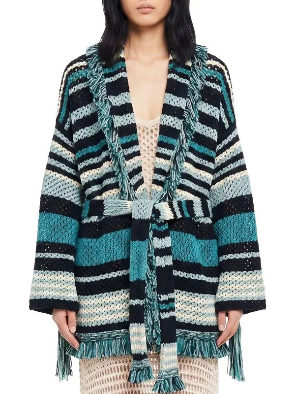 Alanui Striped Cotton-blend Cardigan With Fringes And Tie-waist Belt - Multicolor