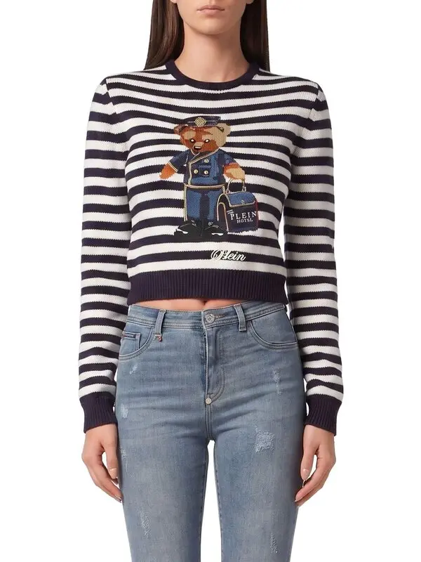 Philipp Plein Striped Knit Jumper With Graphic Detail - Navy