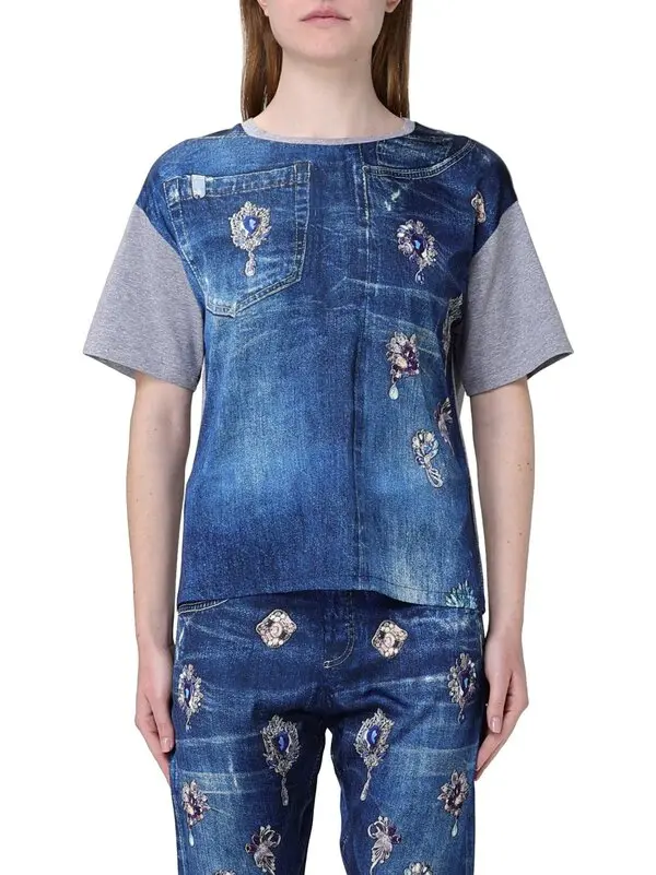 Liu Jo Printed Cotton T-shirt With Denim Effect - Grey