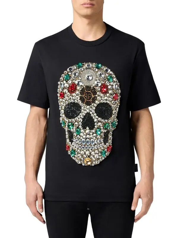 Philipp Plein Cotton T-shirt With Skull Print And Rhinestone Applications - Black