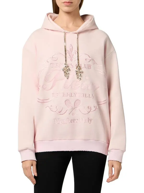 Philipp Plein Tennis Club Cotton Hoodie With Jeweled Drawstring - Fuchsia