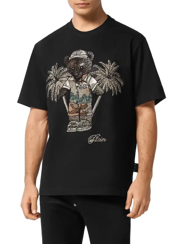 Philipp Plein Cotton T-shirt With Teddy Bear Print And Beaded Embroidery - Black