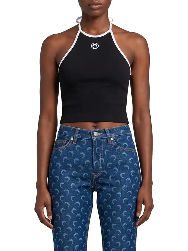 MARINE SERRE Slim Fit Cropped Cotton Top With Crescent Moon Logo - Black