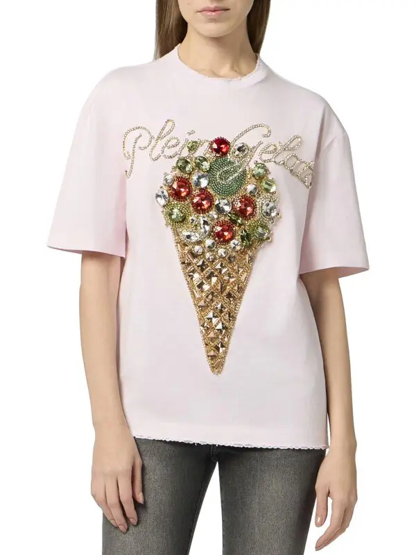 Philipp Plein Cotton Jersey T-shirt With Rhinestone Logo And Fringed Hem - Fuchsia