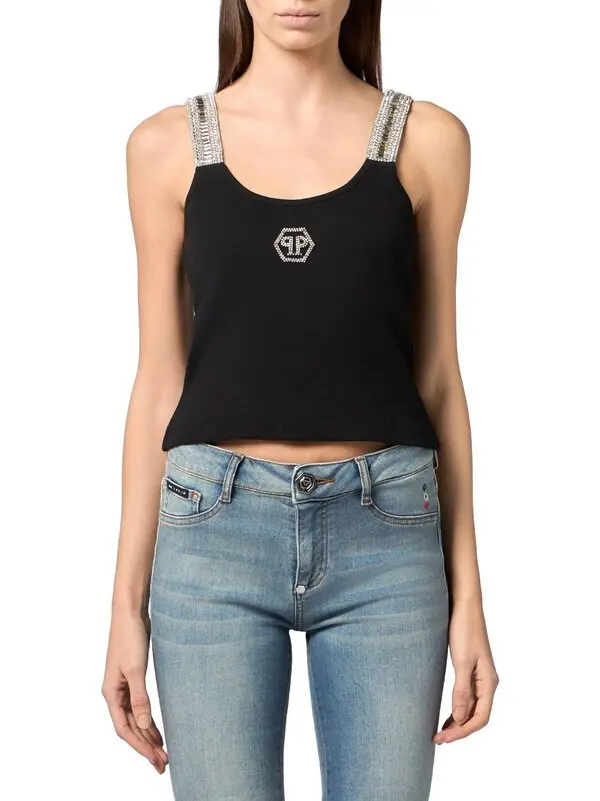Philipp Plein Cropped Cotton Top With Jewel Straps - Black