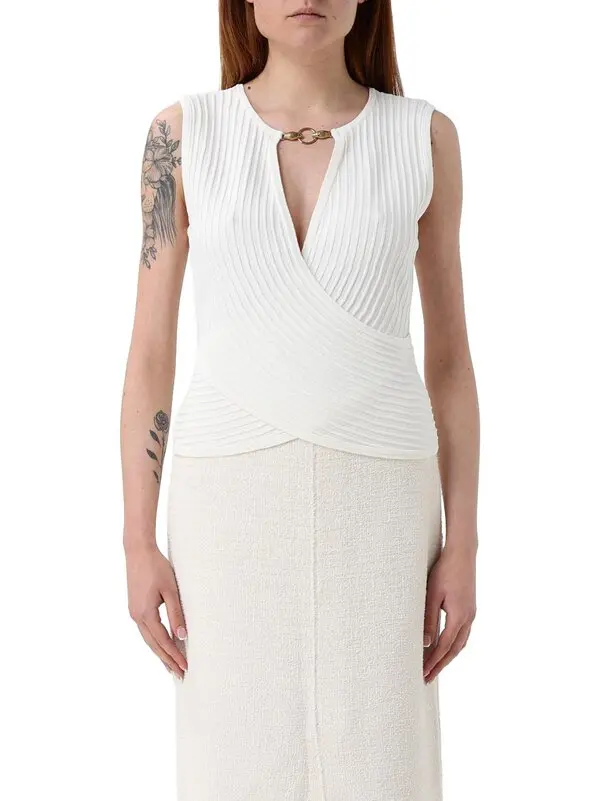 Just Cavalli Sleeveless Ribbed Knit Top With Chain Detail - White
