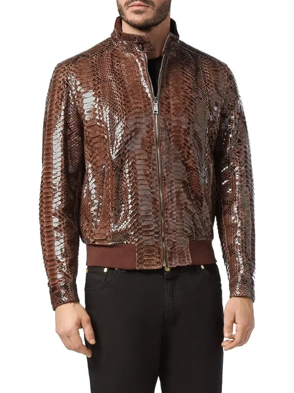 BILLIONAIRE Snakeskin Leather Bomber Jacket With High Collar - Brown