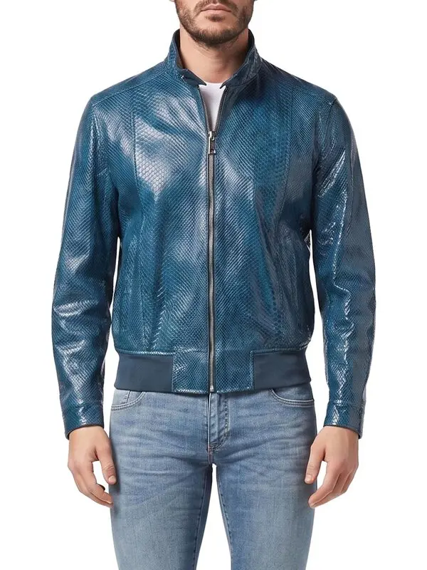 BILLIONAIRE Snakeskin Leather Bomber Jacket With High Collar - Turquoise