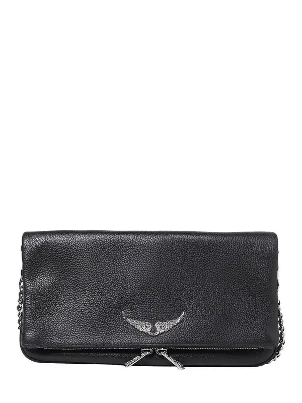Zadig&Voltaire Leather Clutch With Silver Tone Wing Embellishment And Chain Strap - Black
