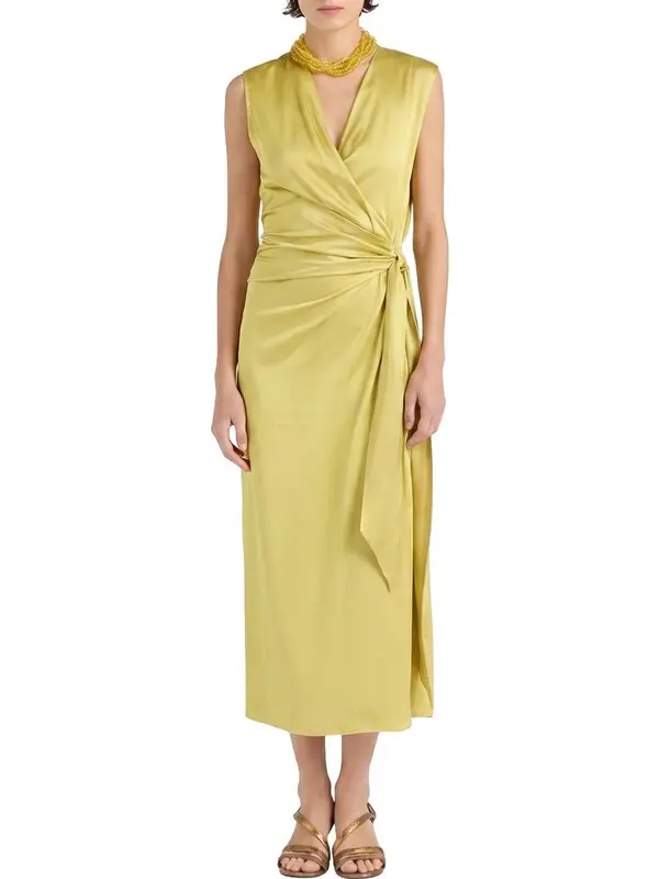 Momoni Sleeveless V-neck Satin Midi Wrap Dress With Side Slit - Lime
