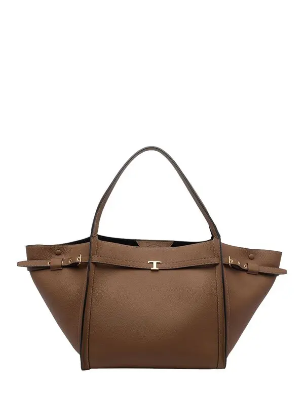TOD'S Timeless Shopping Bag In Grained Calfskin With Metal Logo - Brown