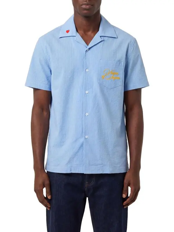 VISION OF SUPER Stretch Cotton Shirt With Cuban Collar And Logo - Blue