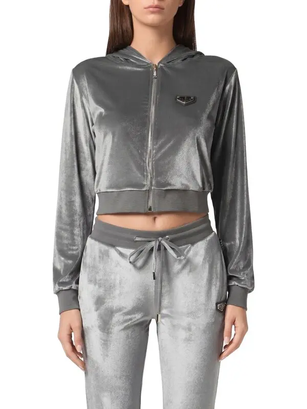Philipp Plein Cropped Velvet Hoodie With Skull Rhinestones - Grey