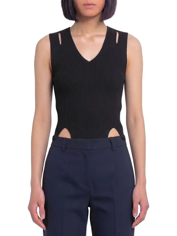 ROBERTO COLLINA Ribbed Cut-out Viscose Top - Black