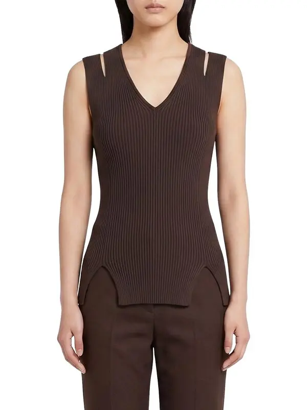 ROBERTO COLLINA Ribbed Cut-out Viscose Top - Brown