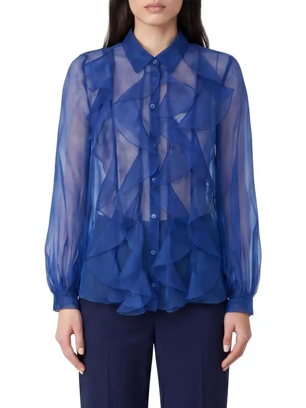 H COUTURE Hanita Long Sleeve Silk Blouse With Ruffles - Blue