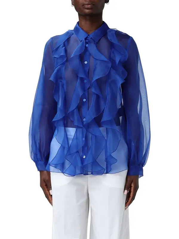 H COUTURE Hanita Long Sleeve Silk Blouse With Ruffles - Royal Blue
