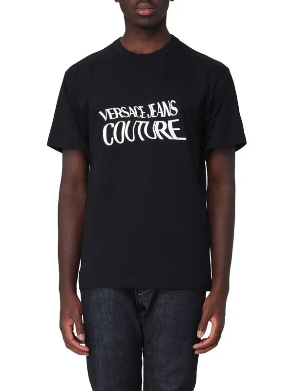 Versace Cotton Crew Neck T-shirt With Contrast Logo - Black