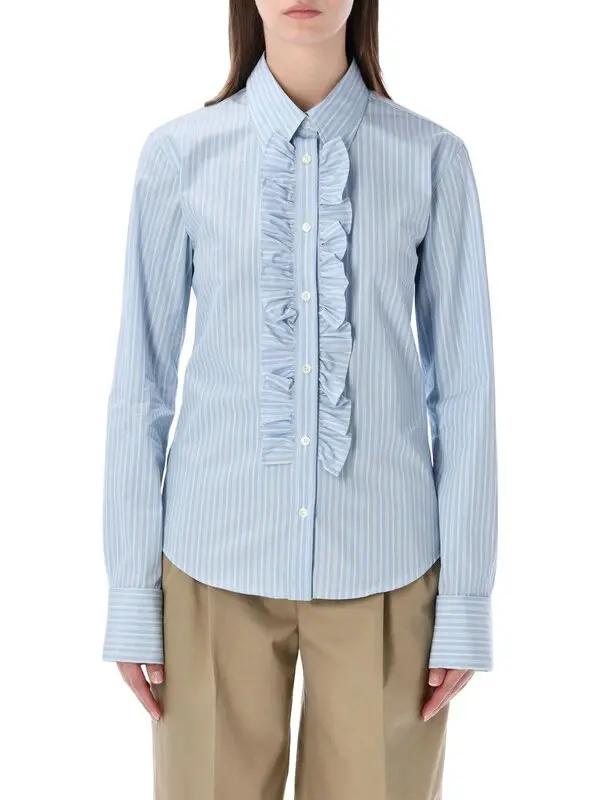 AMI Paris Striped Shirt With Ruffle Detail - Blue